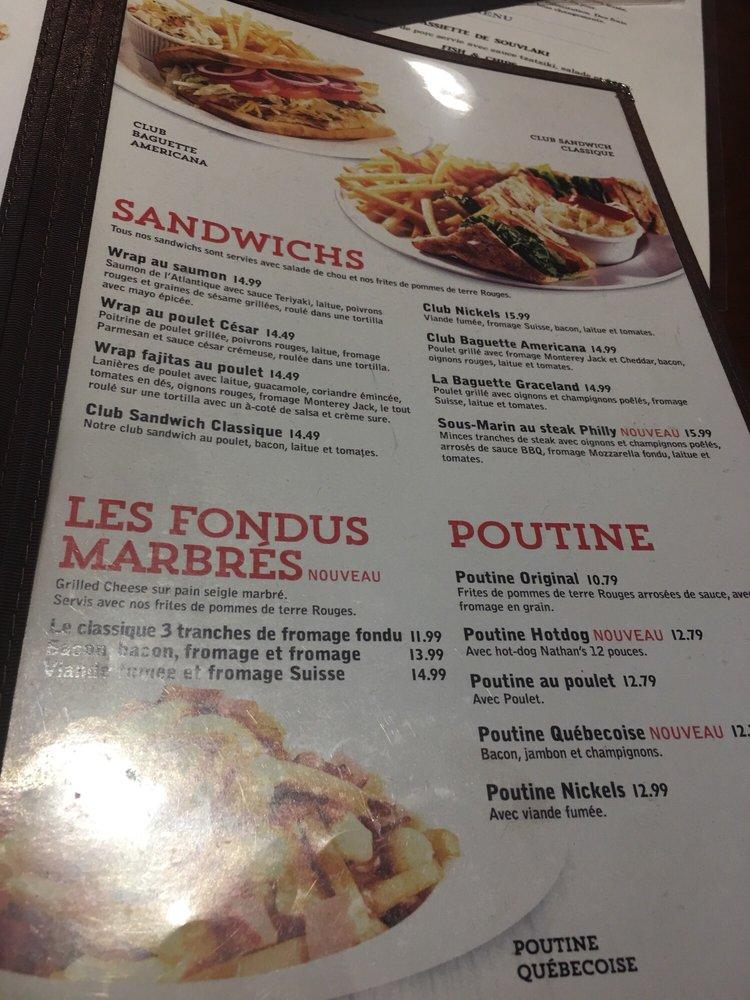 Menu au Nickels restaurant, Gatineau