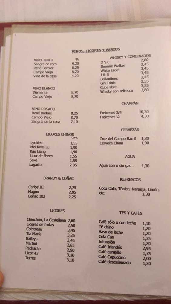 Menu at Nin Hao restaurant, Utrera