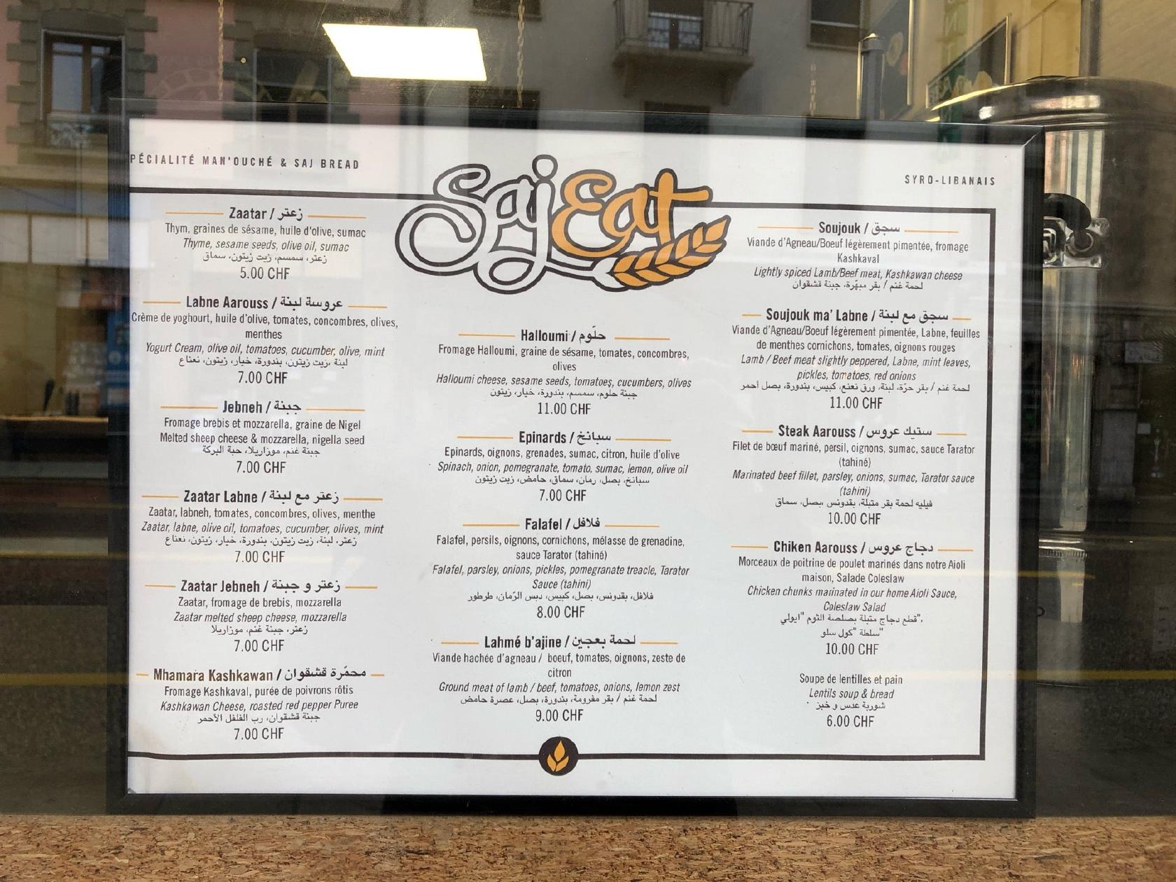 Menu da Saj Eat, Ginevra