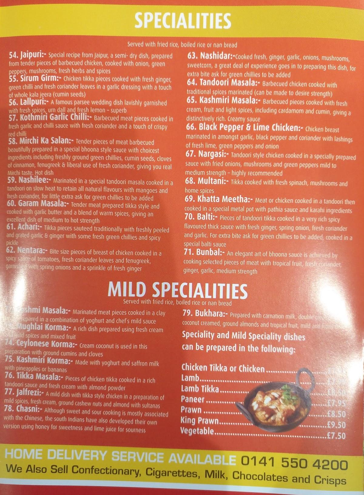 Menu at Spice Routes restaurant, Glasgow, 955 Duke St