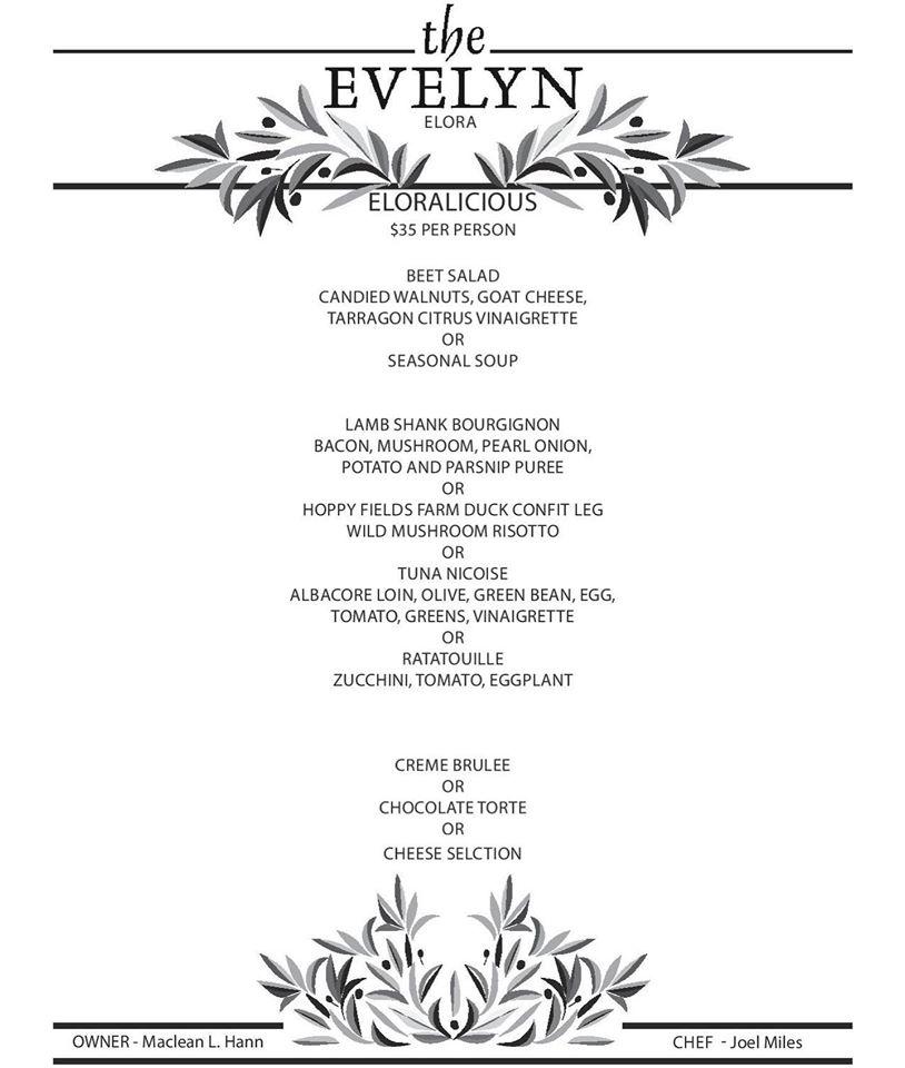 Menu at The Evelyn restaurant, Elora