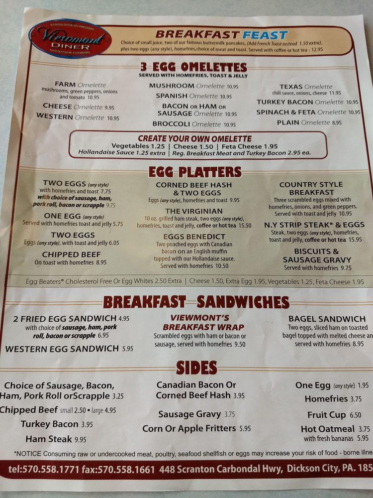 Menu at Viewmont Diner restaurant, Scranton, 448 Scranton Carbondale Hwy