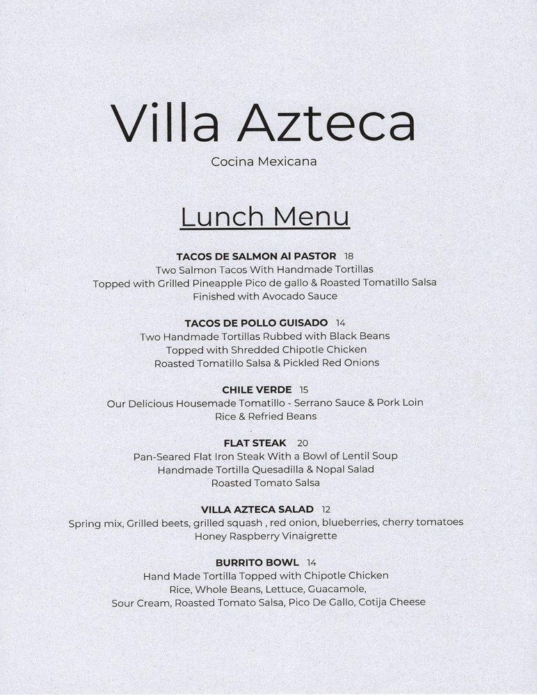 Menu at Villa Azteca restaurant, Salinas