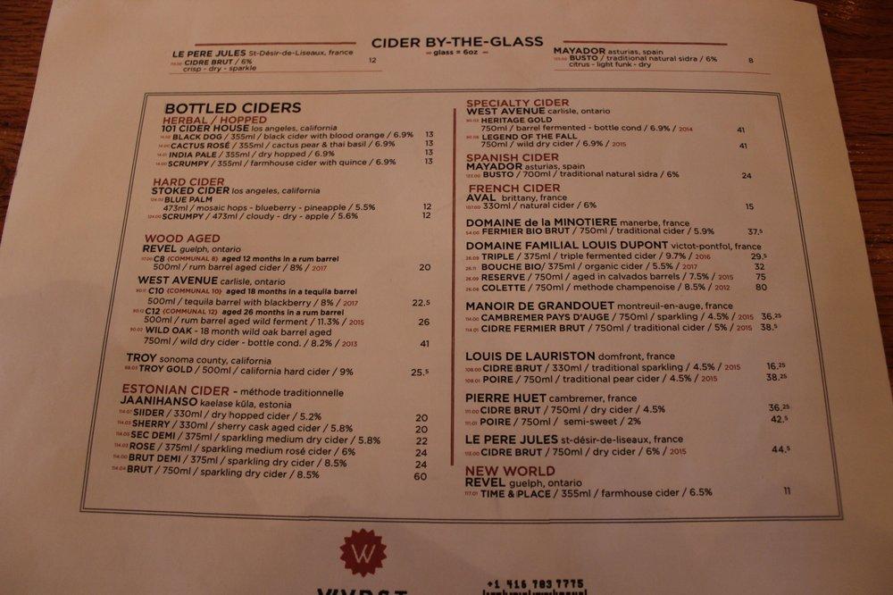 Menu at WVRST pub & bar, Toronto, 609 King St W