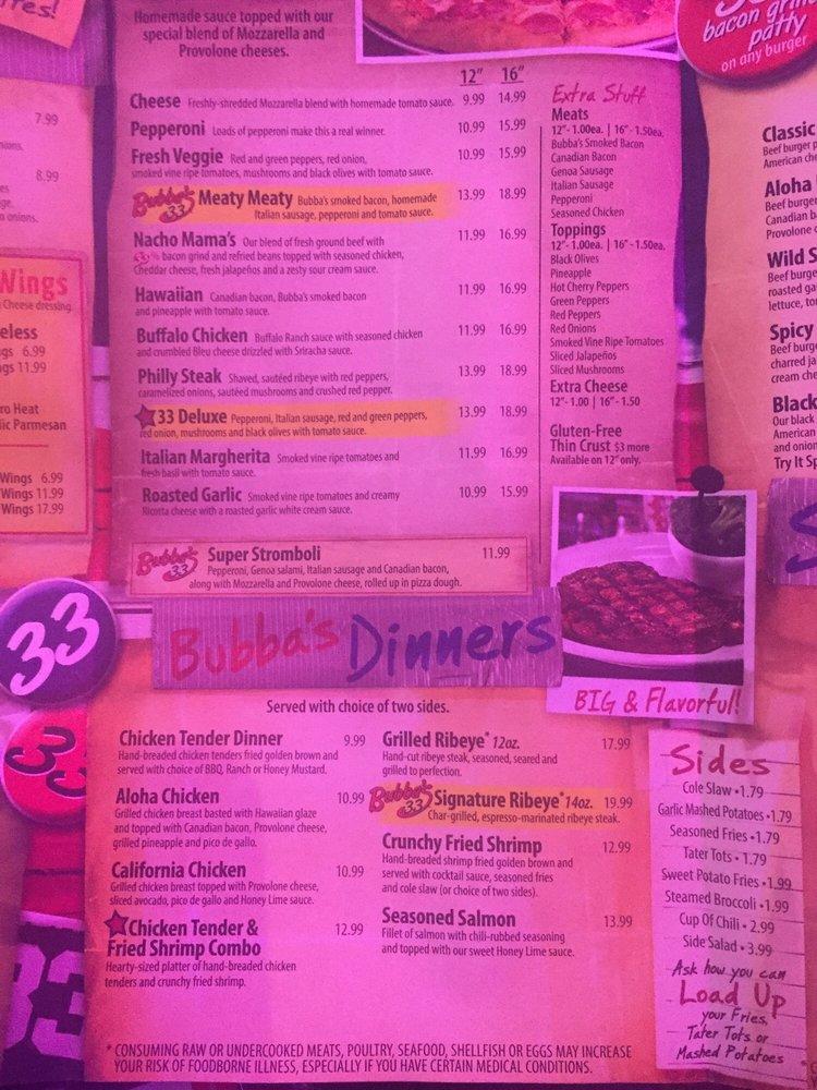 Menu at Bubba's 33 pizzeria, Universal City