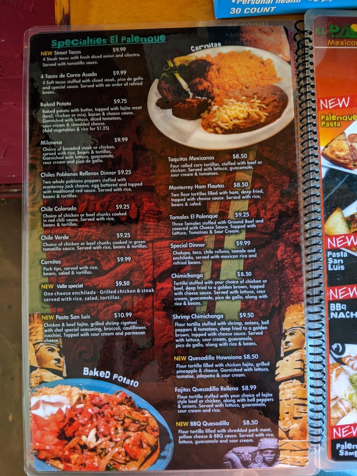 Menu at El Palenque restaurant, Bald Knob