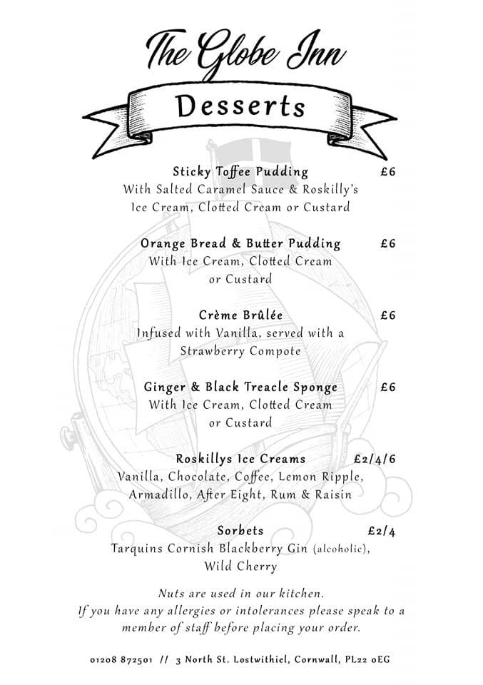 Menu at The Globe Inn pub & bar, Lostwithiel