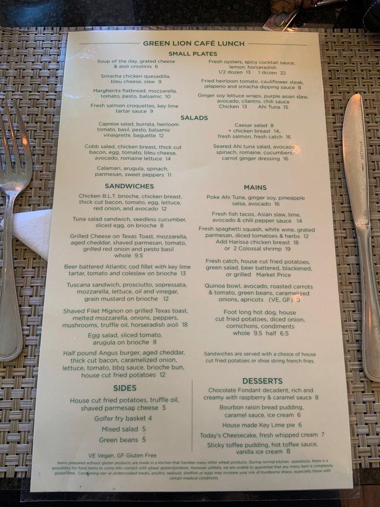 Menu at Green Lion Cafe, Palm Coast, 100 Cooper Ln