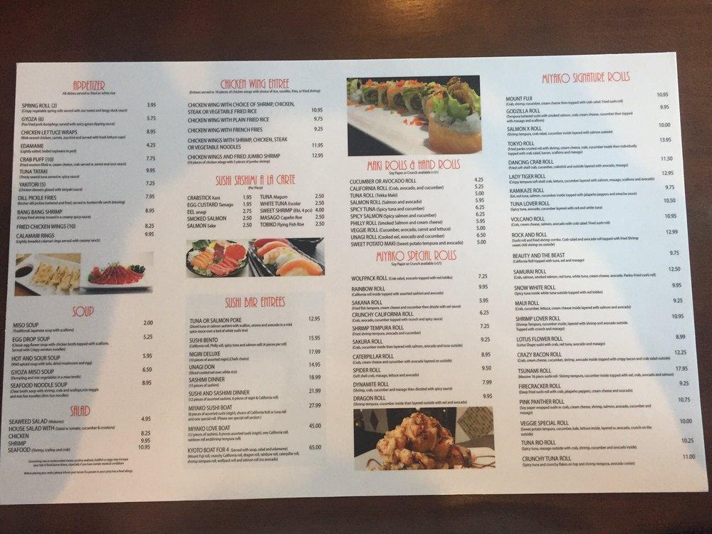 Menu at Miyako Japanese Cuisine restaurant, Laurinburg