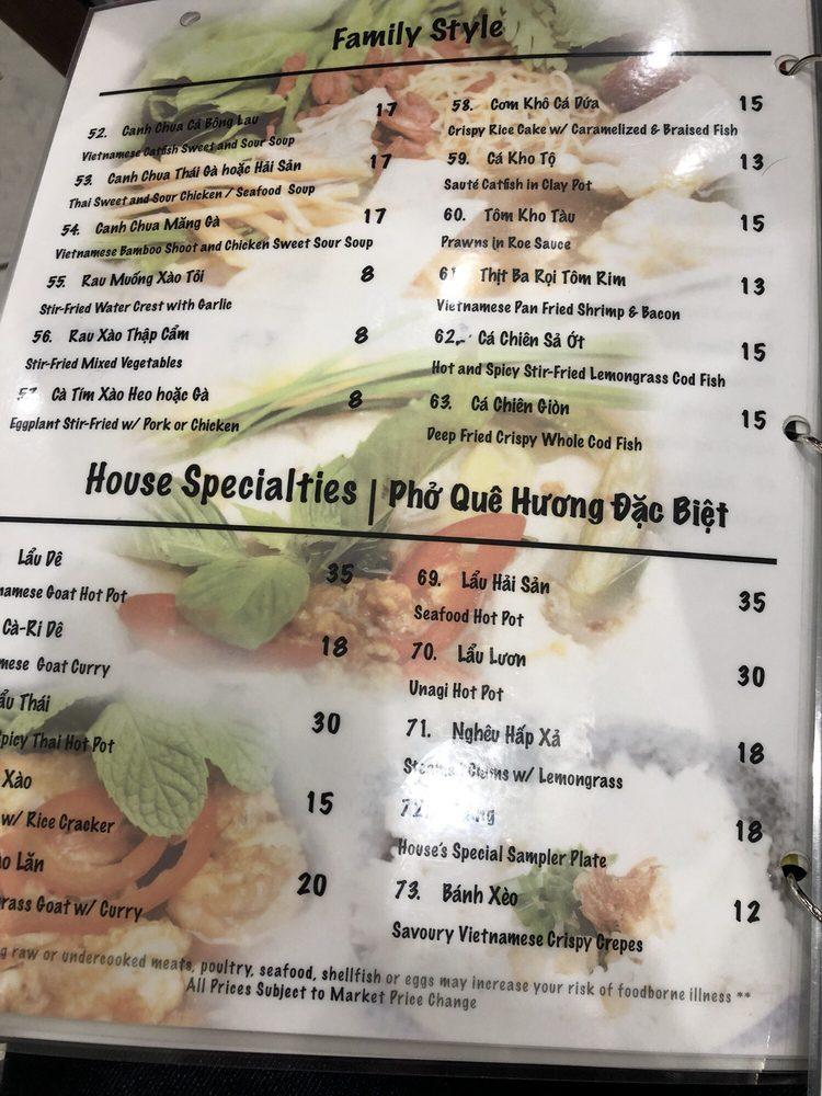 Menu at Phở Quê Hương restaurant, Honolulu, Maunakea St