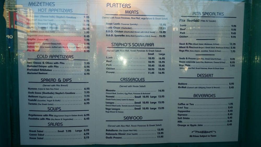 Menu at Stepho's Souvlaki Greek Taverna restaurant, Vancouver, Davie St