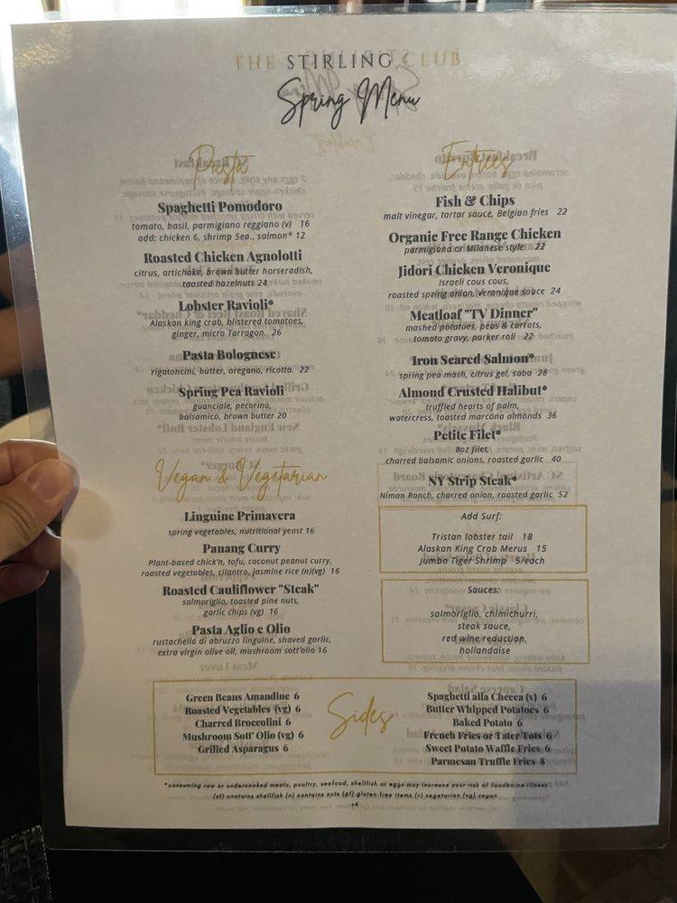 Menu at The Stirling Club, Las Vegas