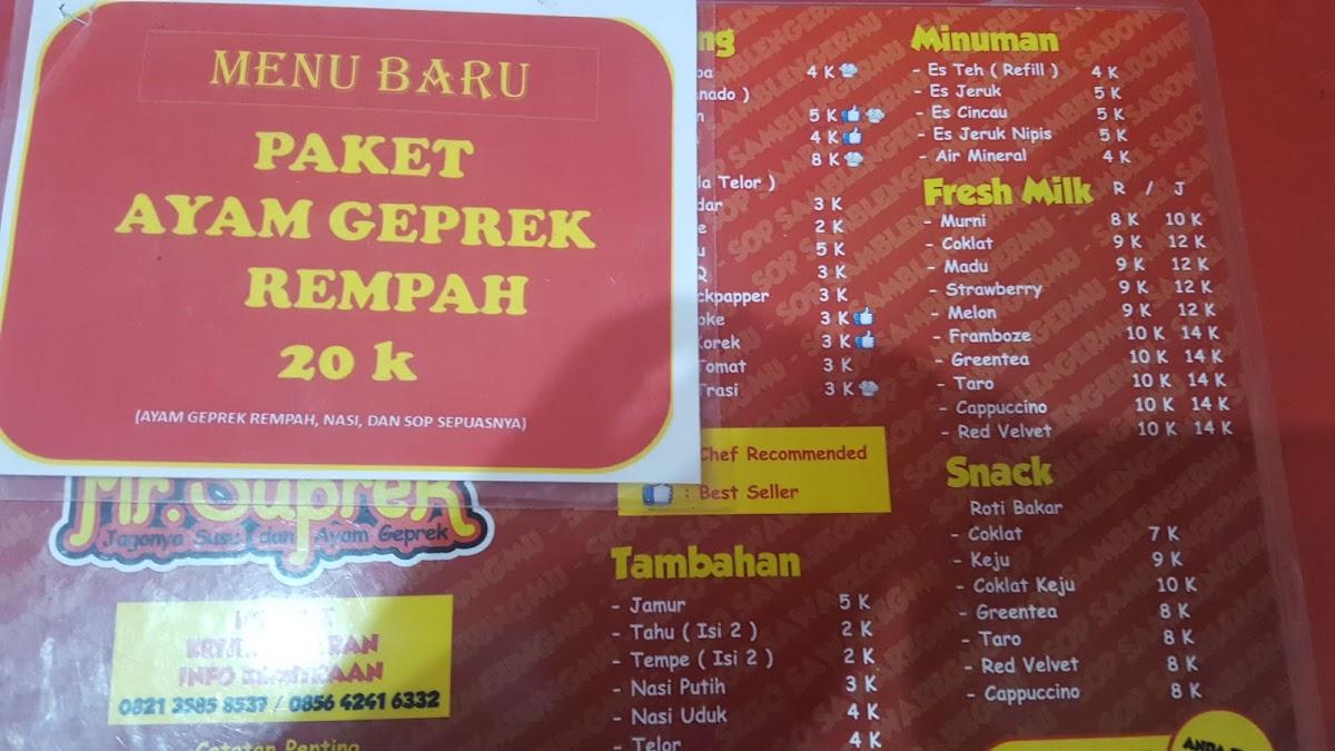 Carta del restaurante Ayam Geprek Mr Suprek Ubaya, Surabaya