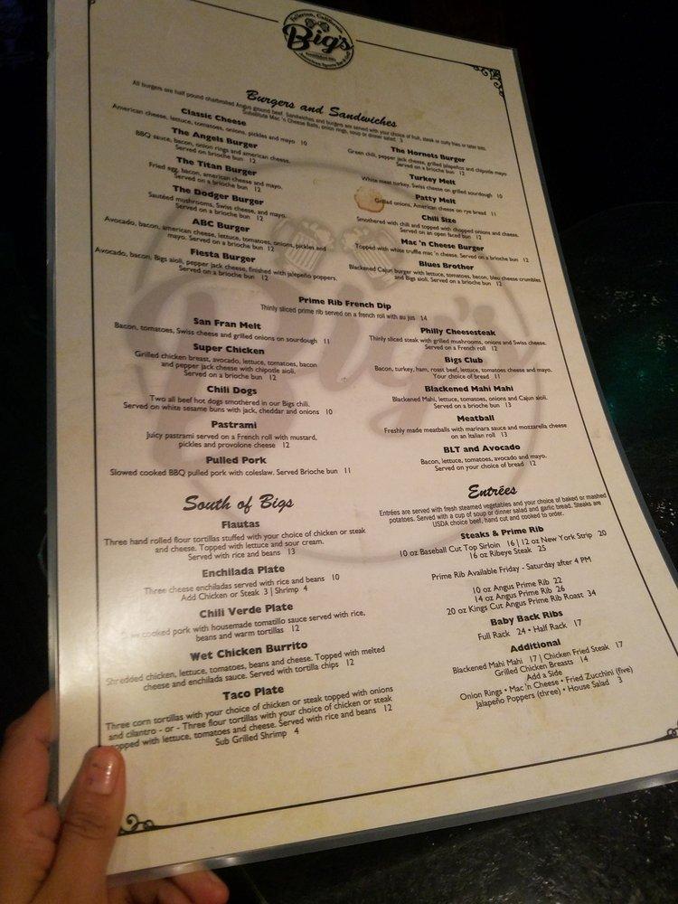 Menu at BIGS Fullerton pub & bar, Fullerton