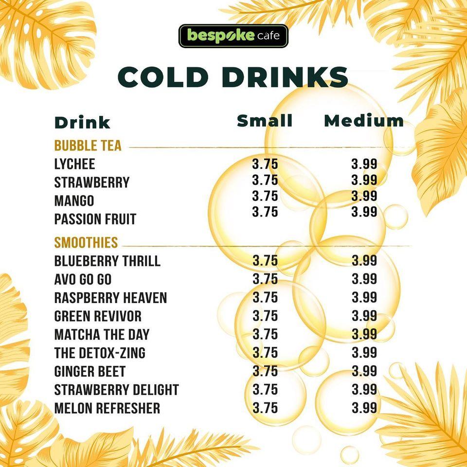 Menu at Bespoke cafe, London