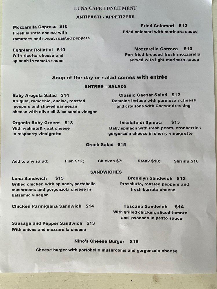 Menu at Luna Cafe, Morristown