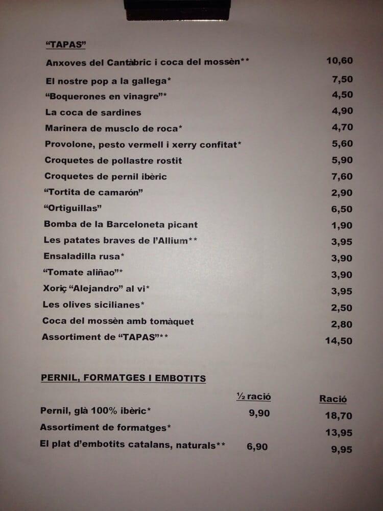 Menu at Restaurant Allium, Barcelona