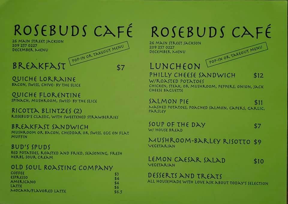 Menu at Rosebud's Cafe, Jackson