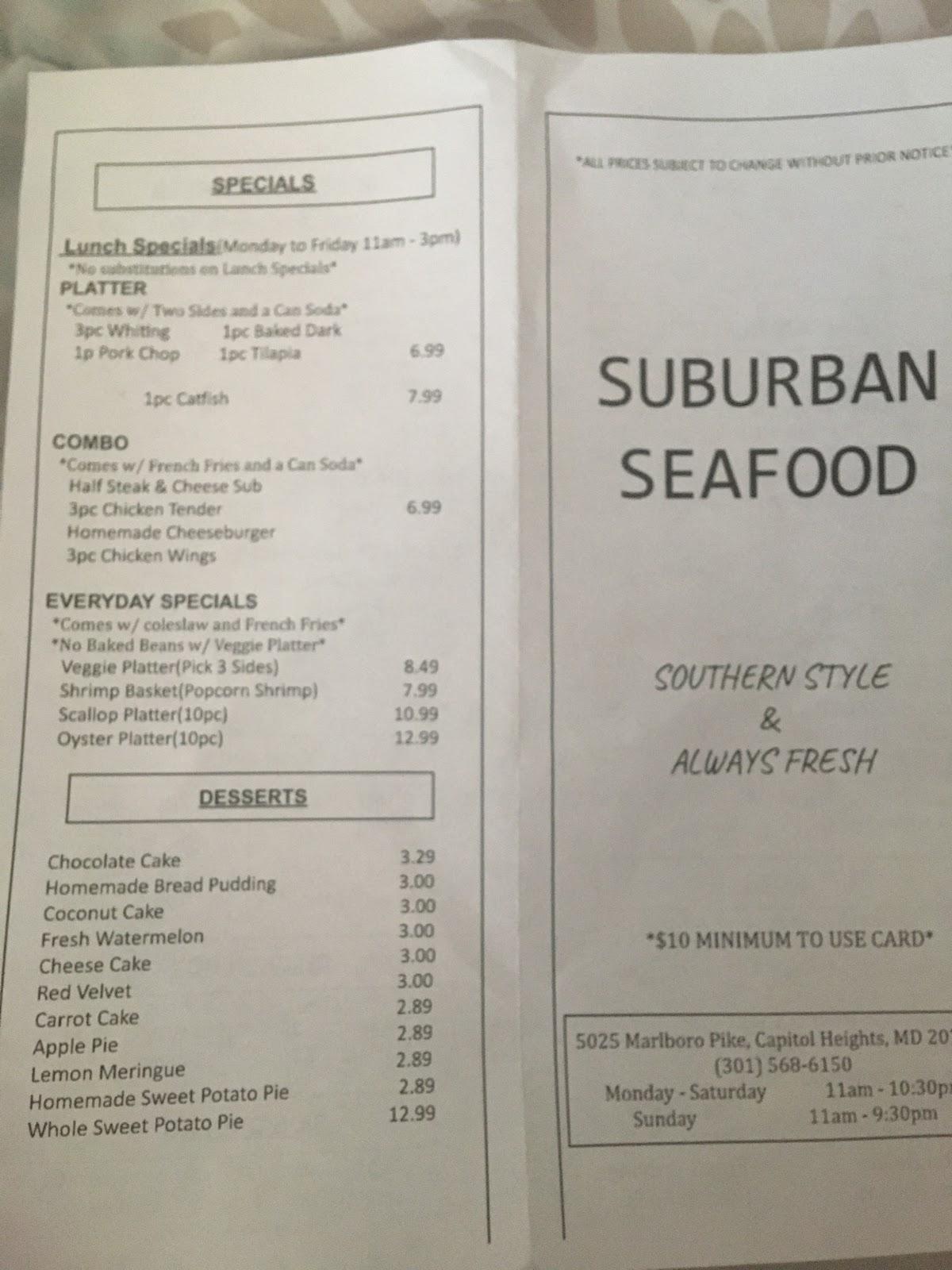 Menu at Suburban Seafood restaurant, Capitol Heights