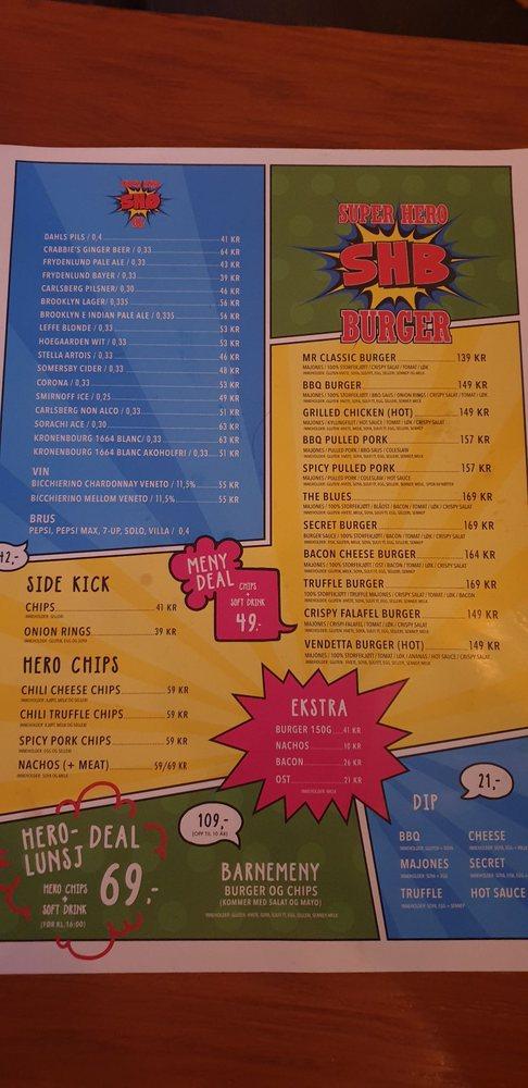 Menu at Super Hero Burger restaurant, Trondheim