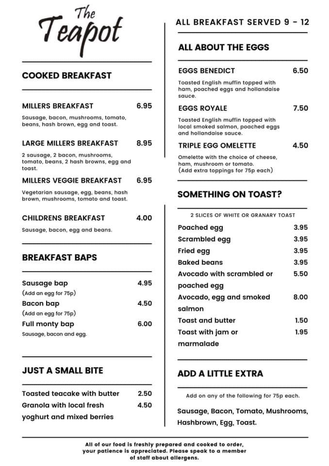 Menu at The Teapot Cafe, Axminster, Gammons Hill