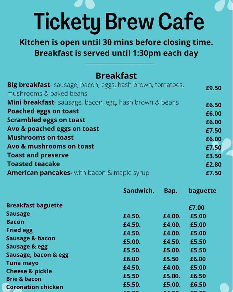 Menu at Tickety Brew cafe, Waddesdon