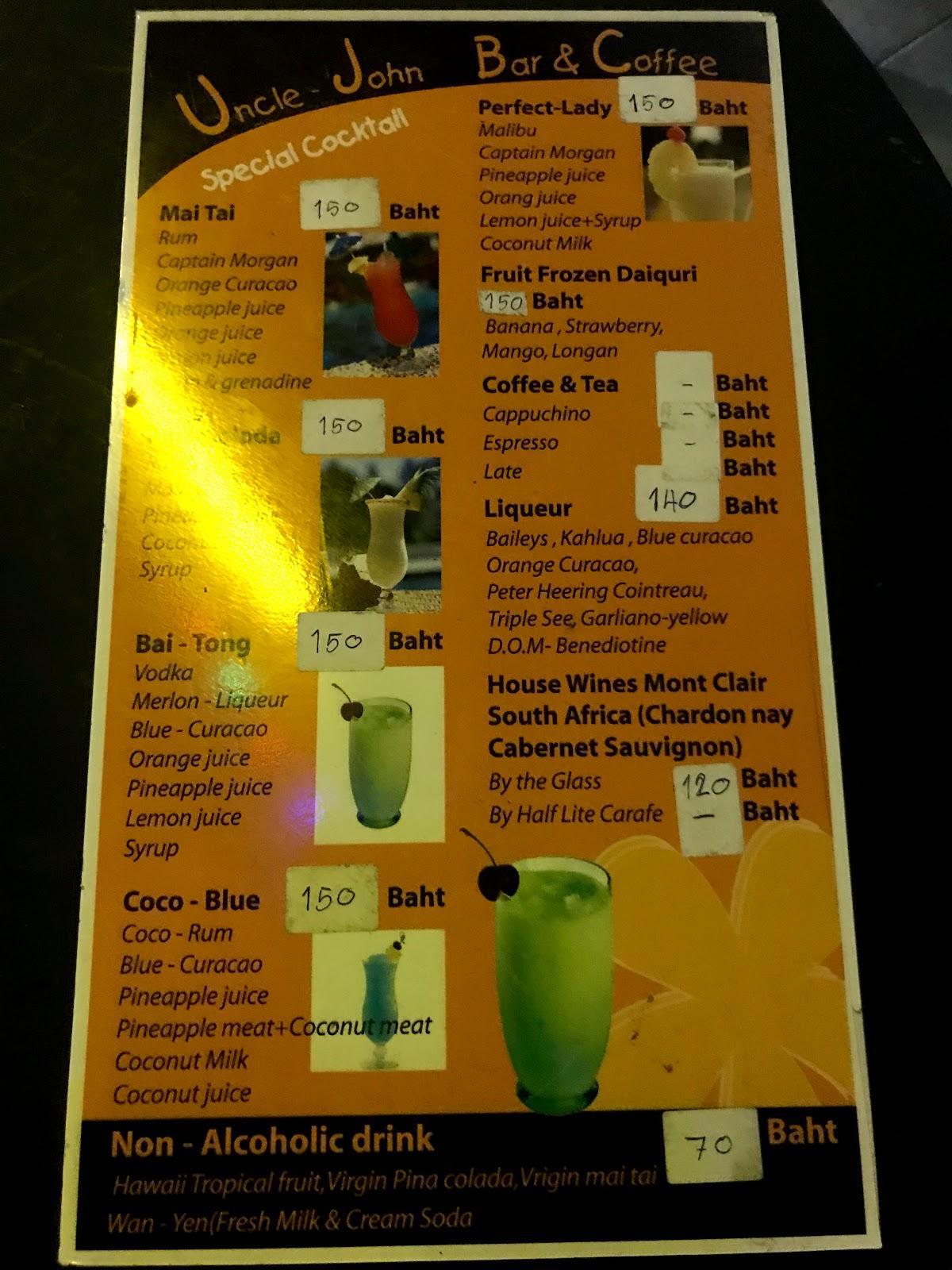 Menu at Uncle John's Bar, Wichit