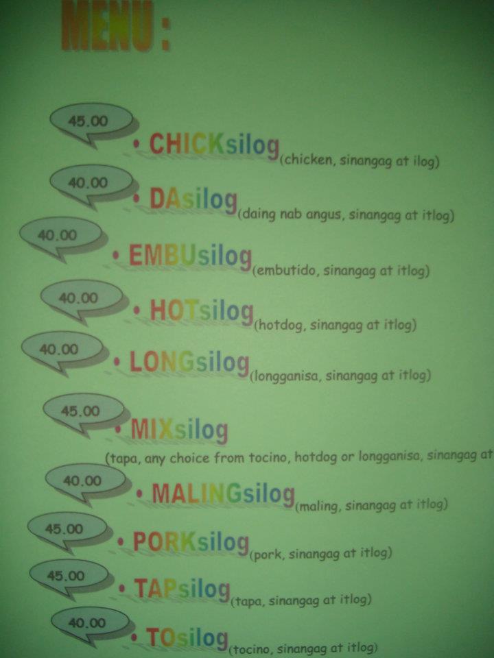Menu at Zambilok totoy's tapsilogan restaurant, Camiling