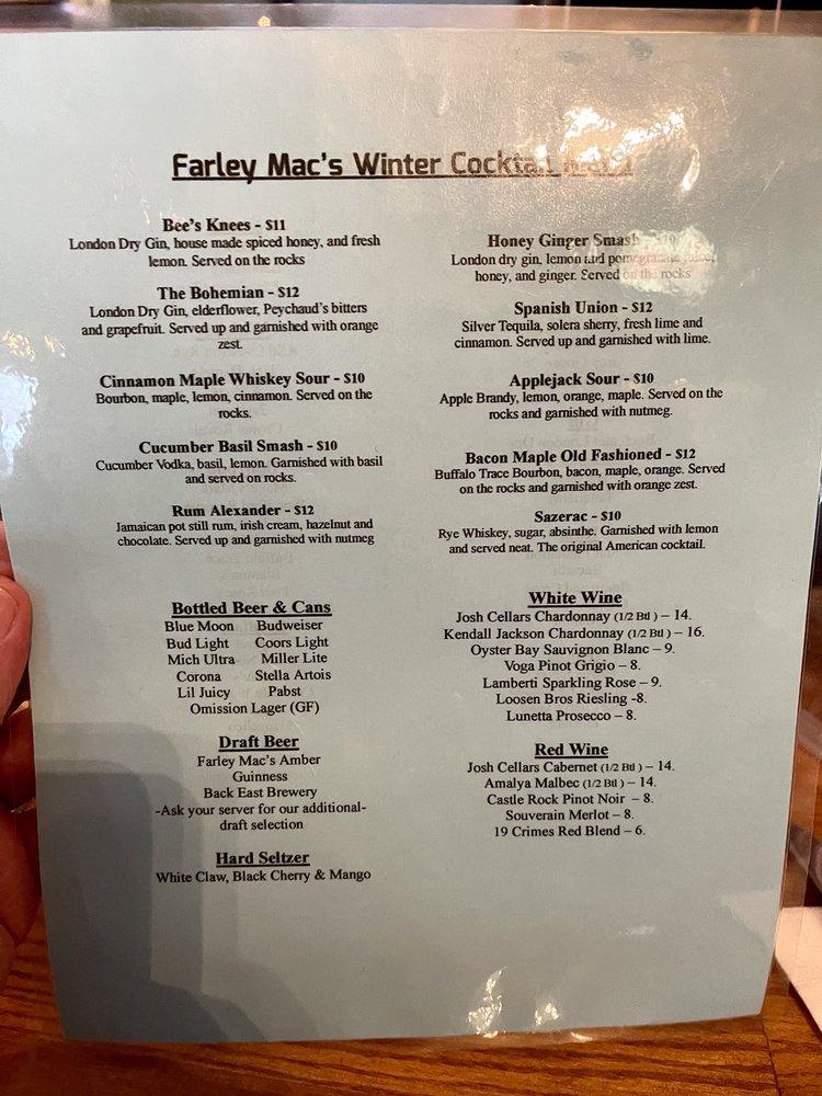 Menu at Farley Mac's pub & bar, Simsbury