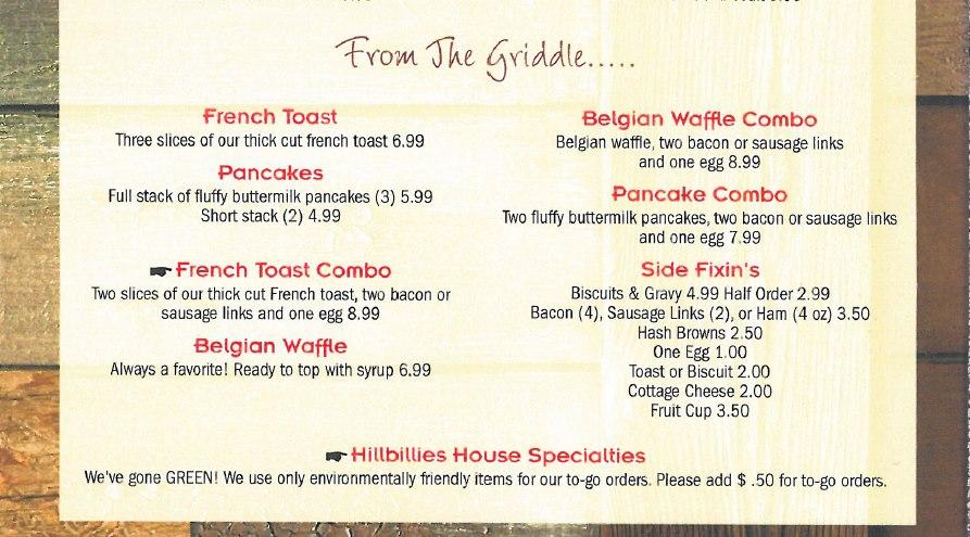 Menu at Hillbillies Restaurant, Murphys