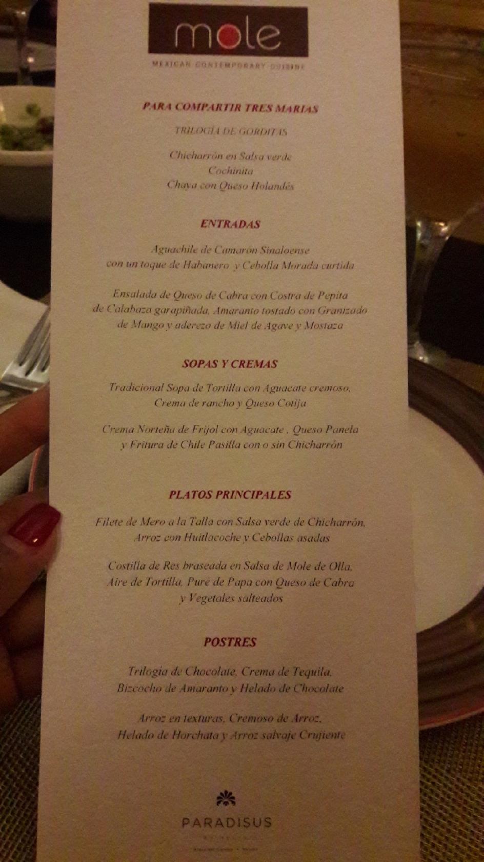 Menu at Mole Mexican Contemporary Cuisine restaurant, Playa del Carmen