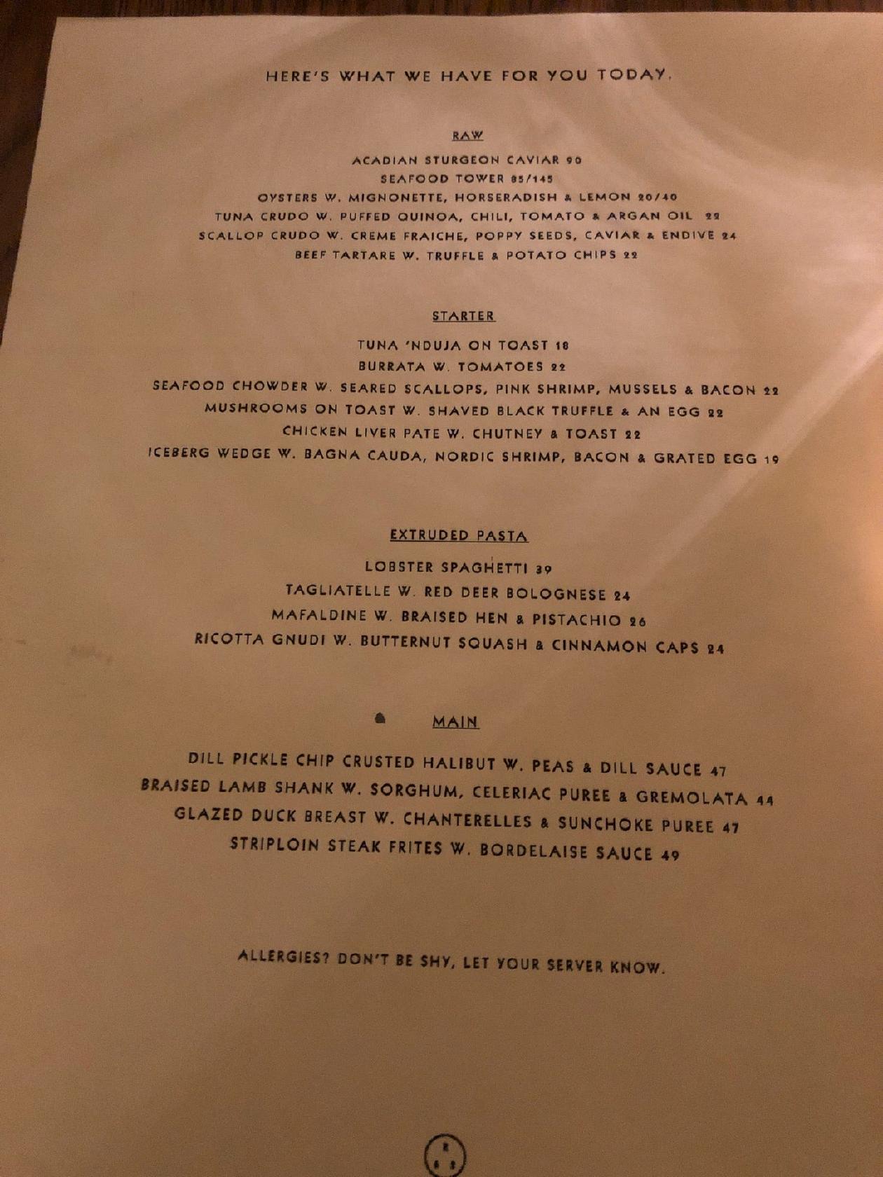Menu at Riviera Ottawa restaurant, Ottawa