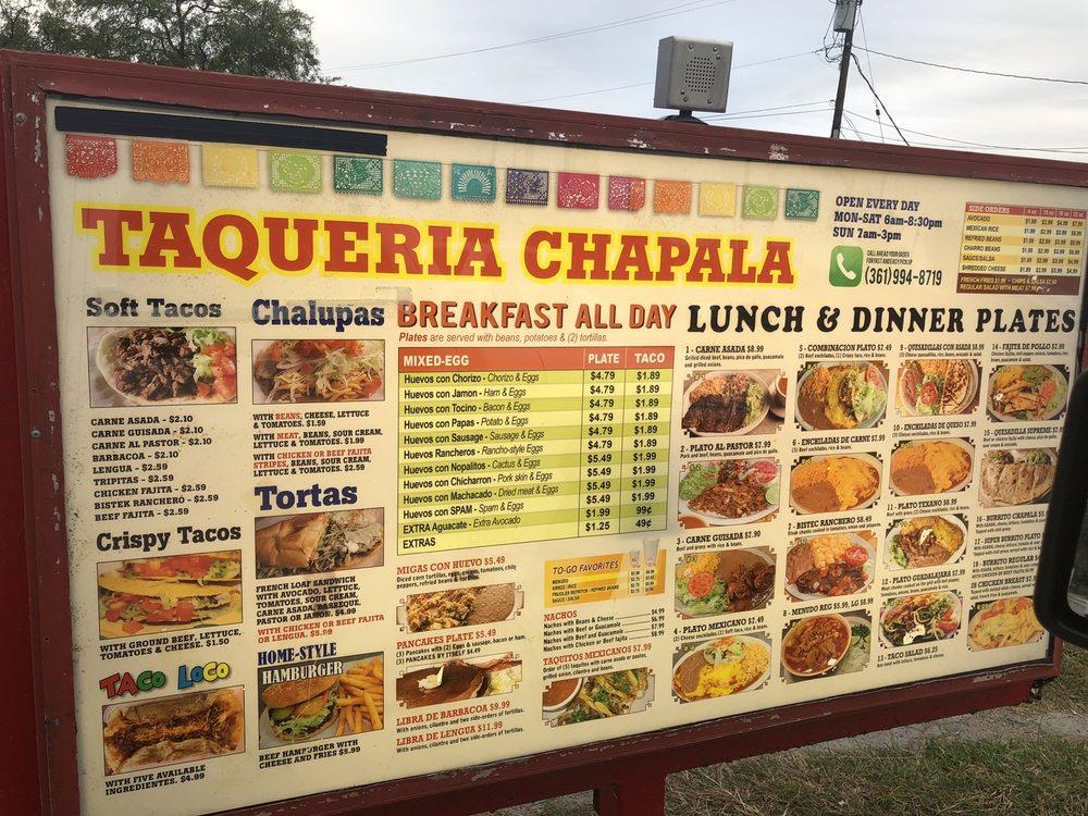 Menu at Taqueria Chapala restaurant, Corpus Christi, Nile Dr