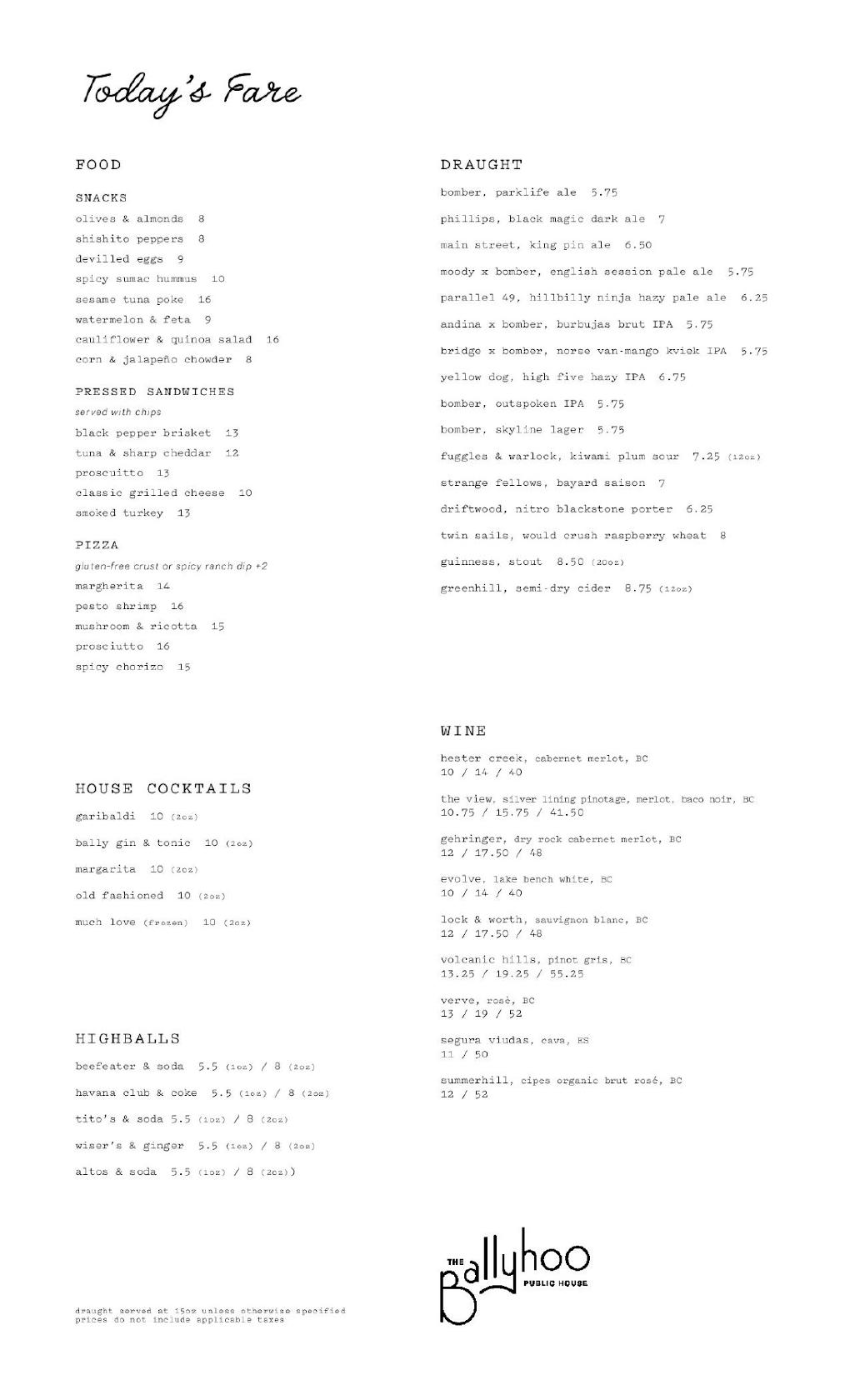 Menu at The Ballyhoo Public House, Vancouver