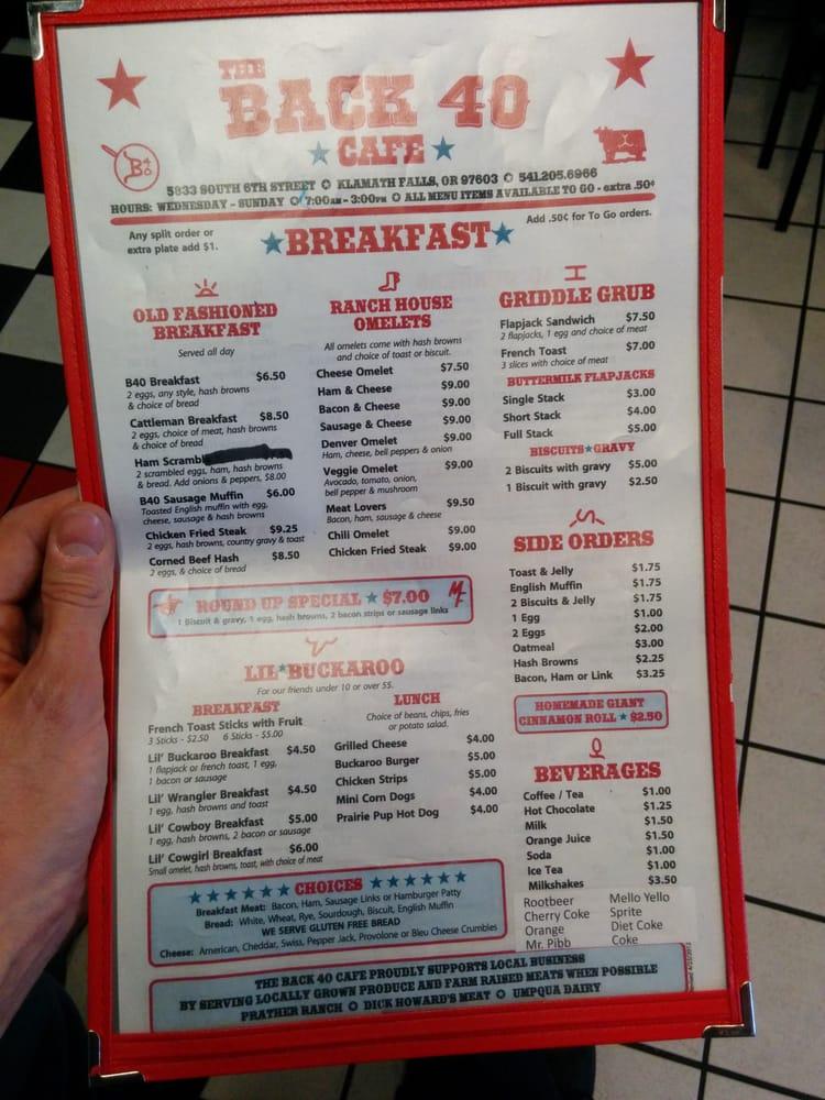 Menu at Back 40 Cafe, Klamath Falls