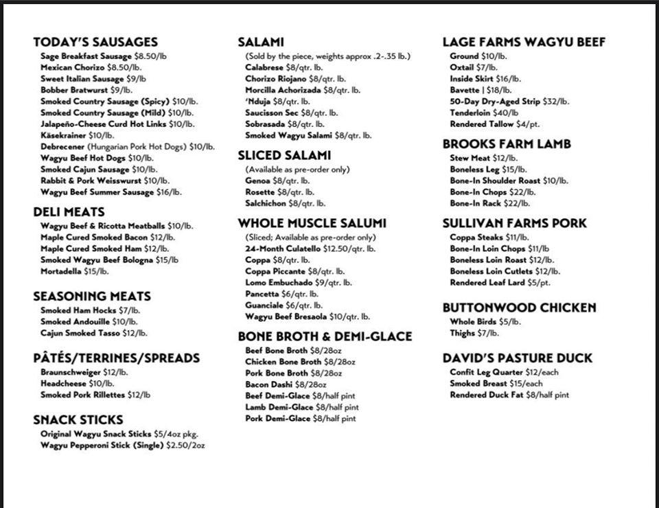 Menu at Barred Owl Butcher & Table, Columbia