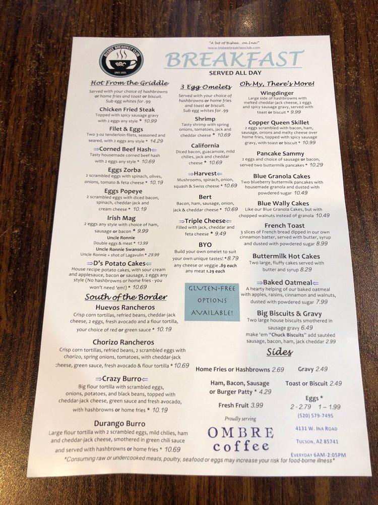 Menu at Bisbee Breakfast Club, Tucson, W Ina Rd