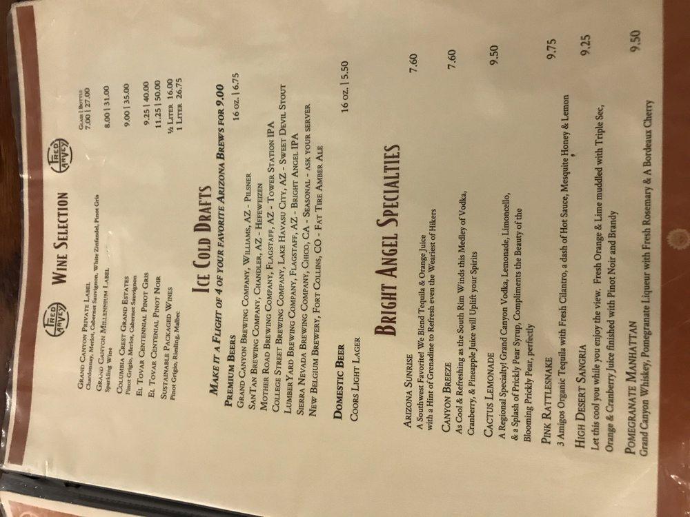 Menu at Bright Angel Restaurant, Grand Canyon Village