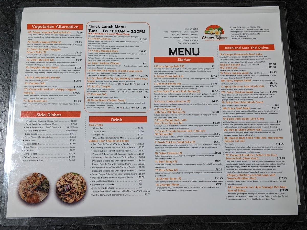 Menu at Champa Kitchen restaurant, Waterloo