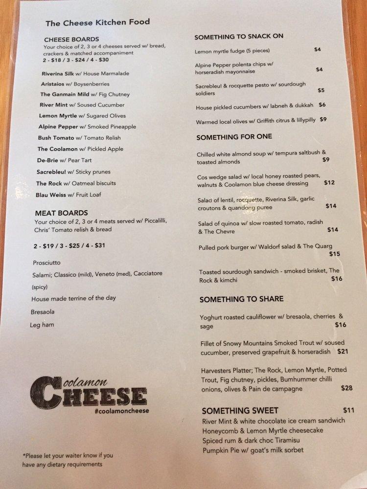 Menu at Coolamon Cheese restaurant, Coolamon