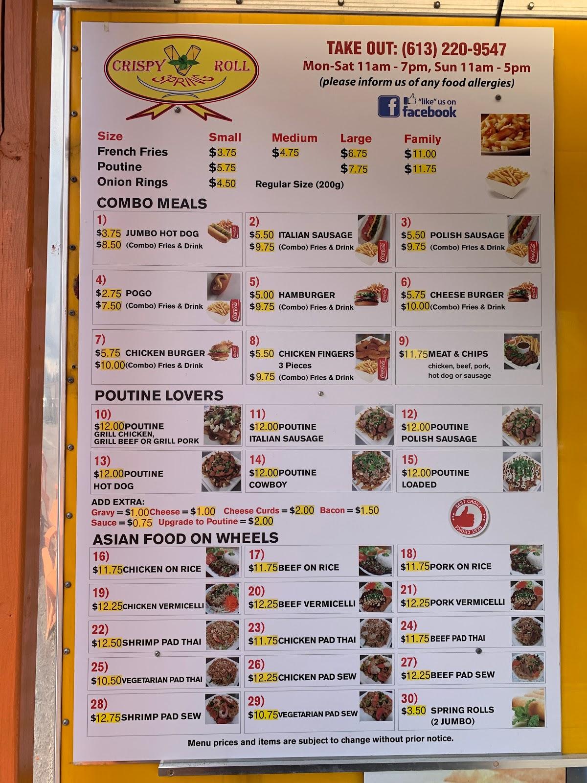 Menu at Crispy Spring Roll restaurant, Ottawa, Stittsville Main St