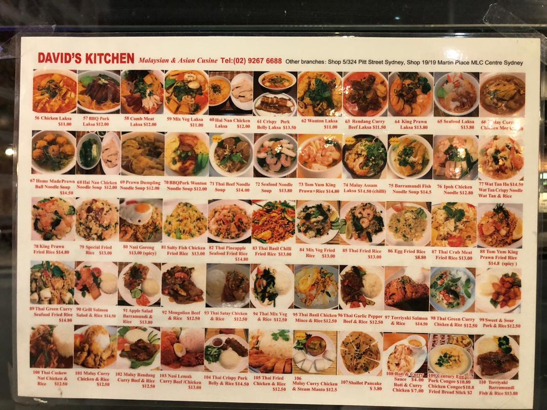 Menu at David's Kitchen restaurant, Sydney, 127 Liverpool St