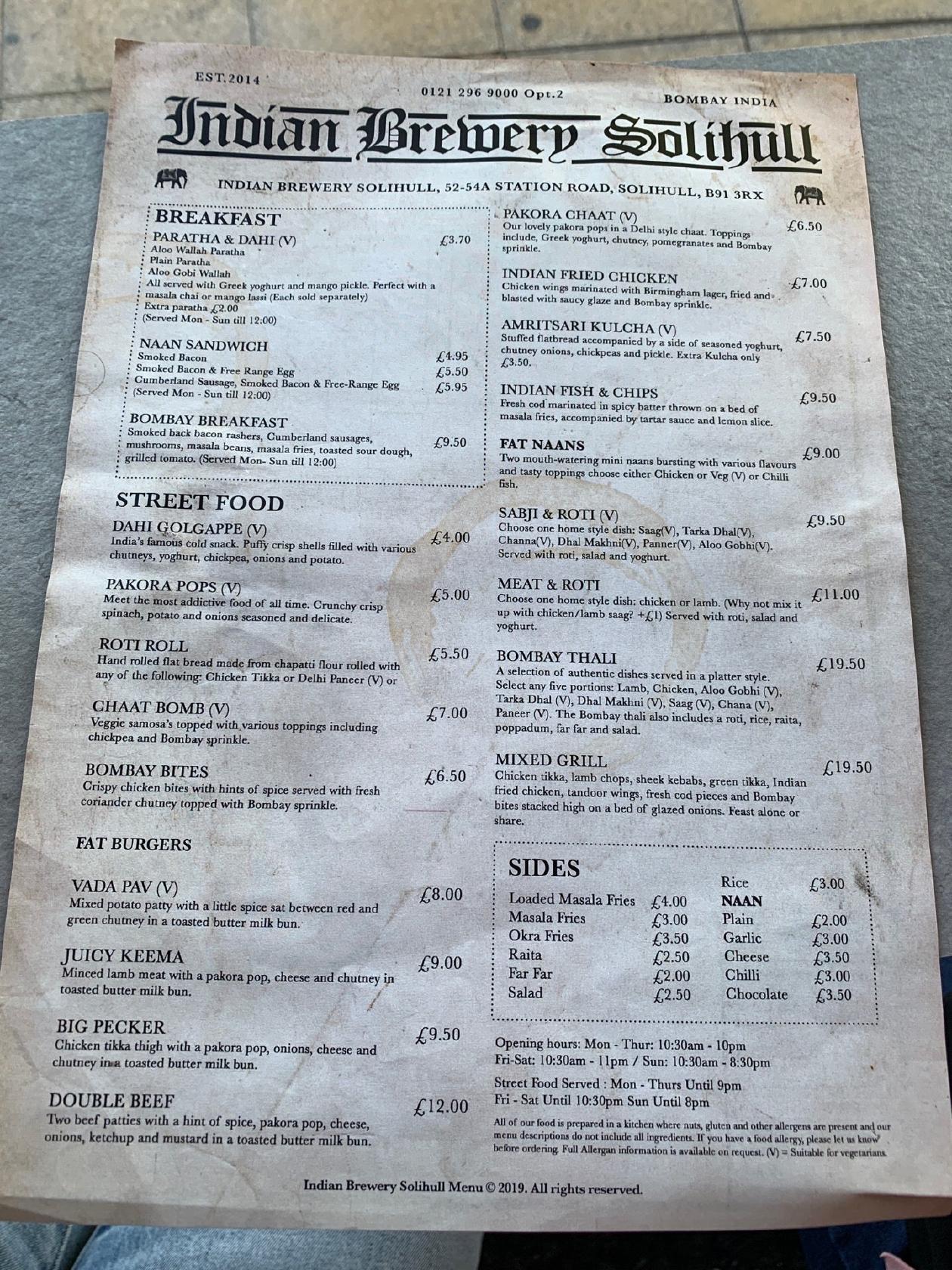 Menu at Indian Brewery Solihull restaurant, Solihull