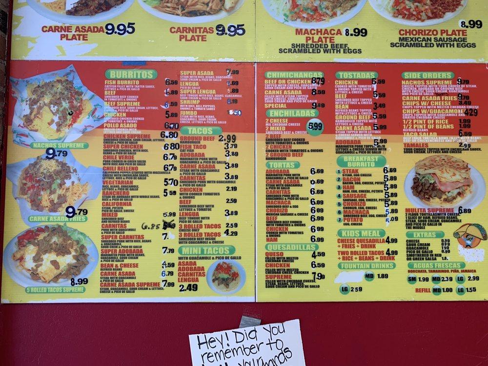 Menu at Julian's Taco Shop restaurant, Cañon City
