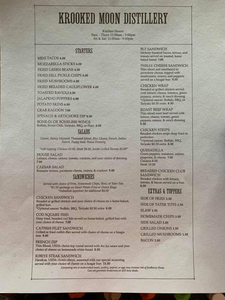 Menu at Krooked Moon Distillery pub & bar, Owensville