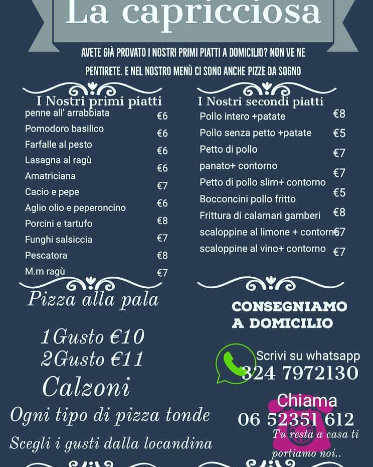 Carta de La Capricciosa Acilia, Ristorante, pizza a taglio Tavola Calda ...