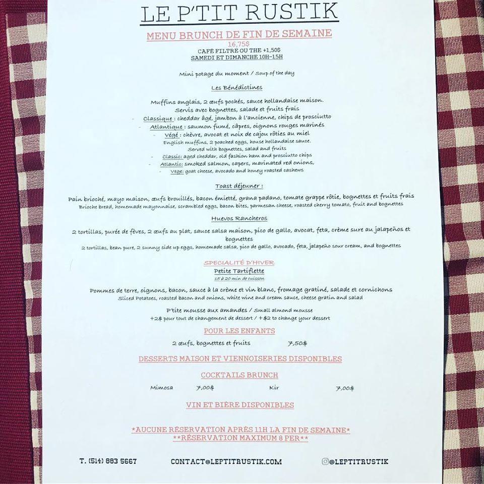 Menu au Le P'tit Rustik café, Montreal