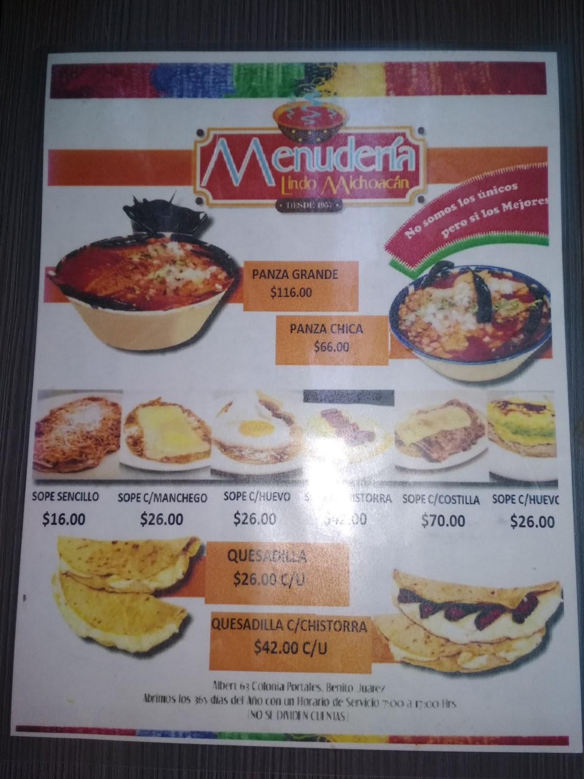 Menu at Menudería Lindo Michoacán restaurant, Mexico City, Zempoala 564