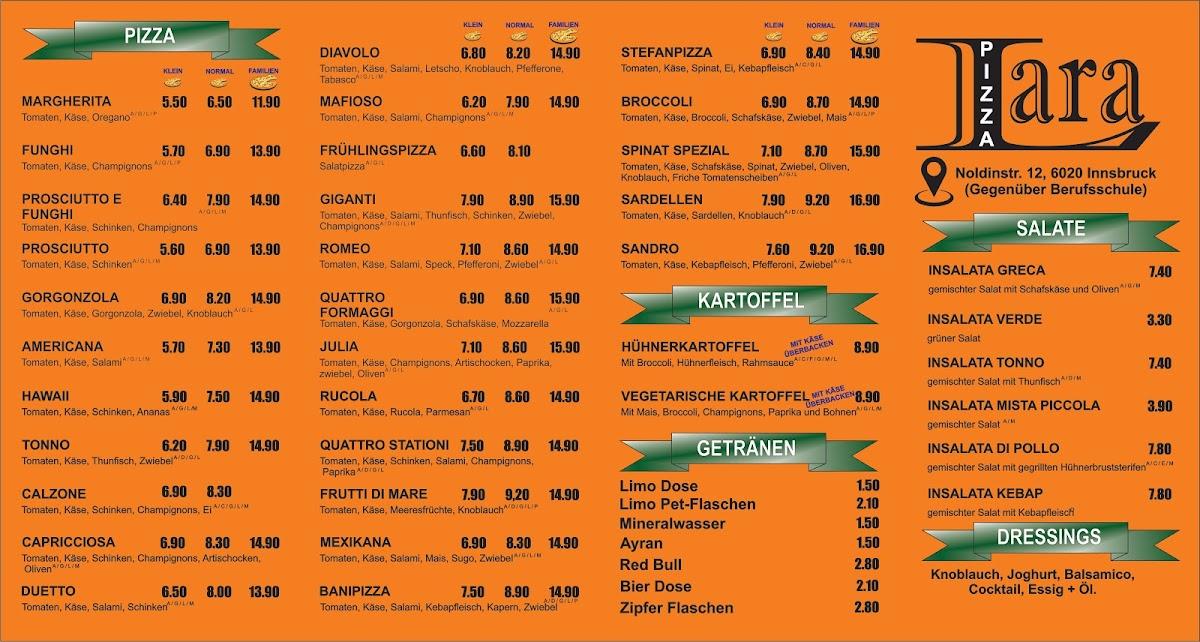 Menu at Pizza Lara, Innsbruck