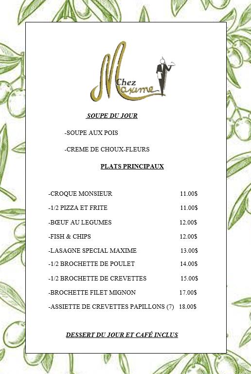 Menu at Restaurant Maxime, Victoriaville